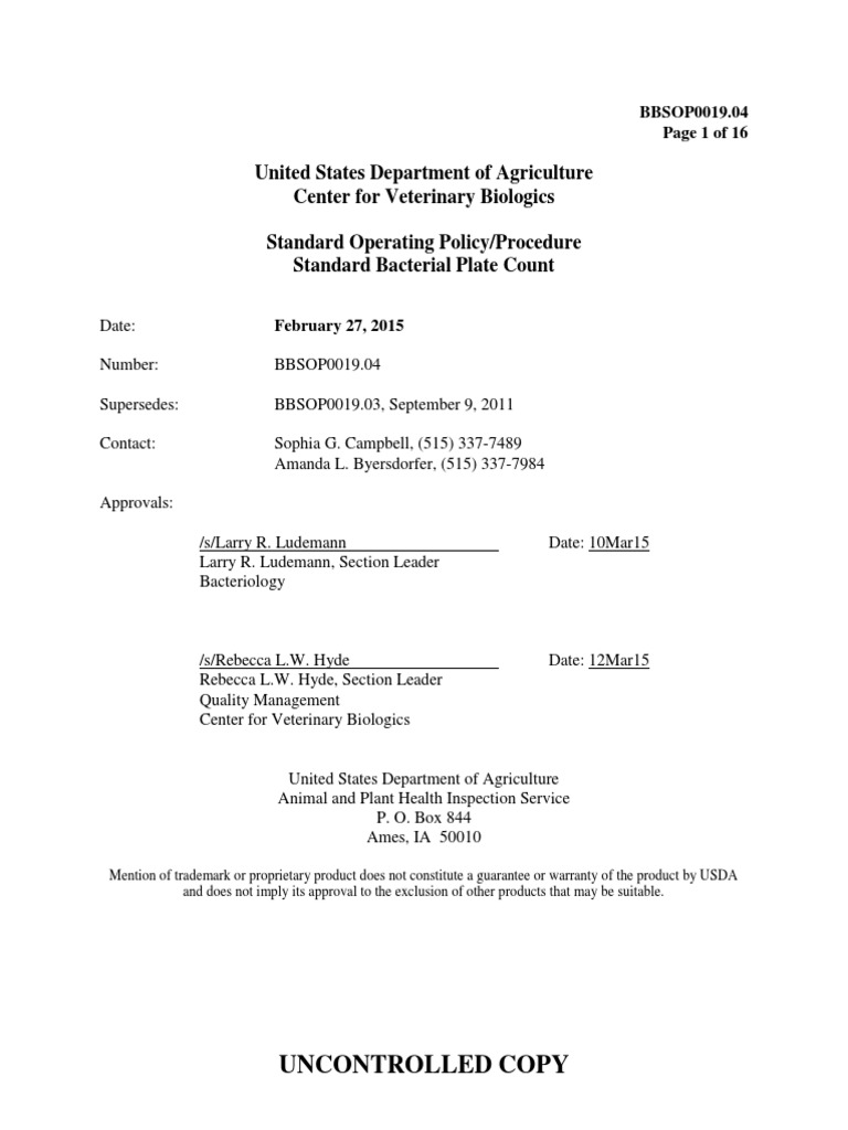 United States Department of Agriculture Center For Veterinary Biologics ...