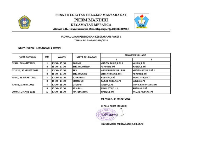 Jadwal Upk Paket C 2021 | PDF