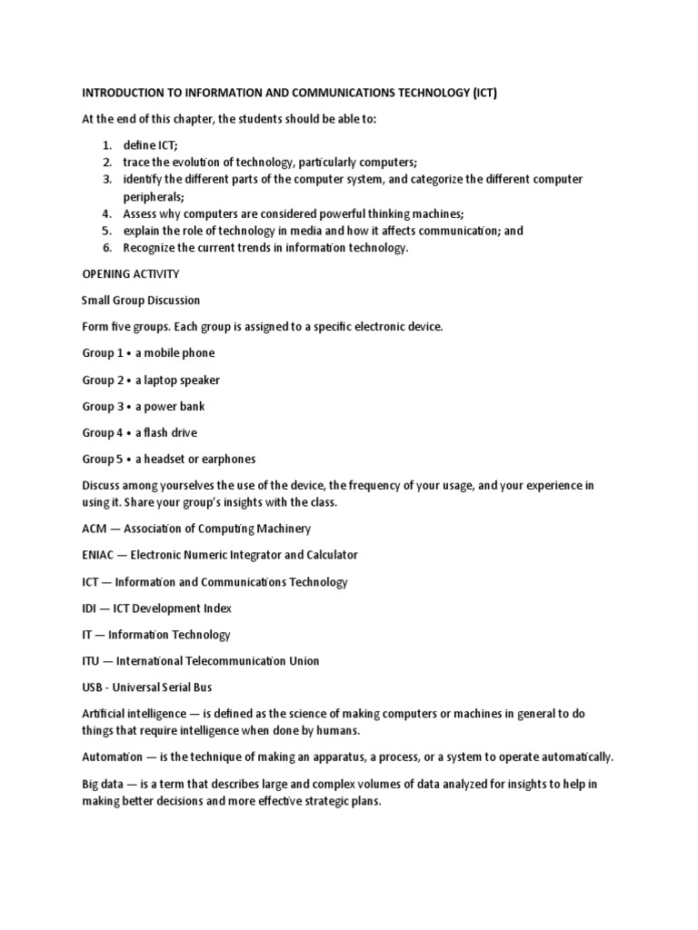Introduction To Information And Communications Technology Ict Pdf Mass Media Printer