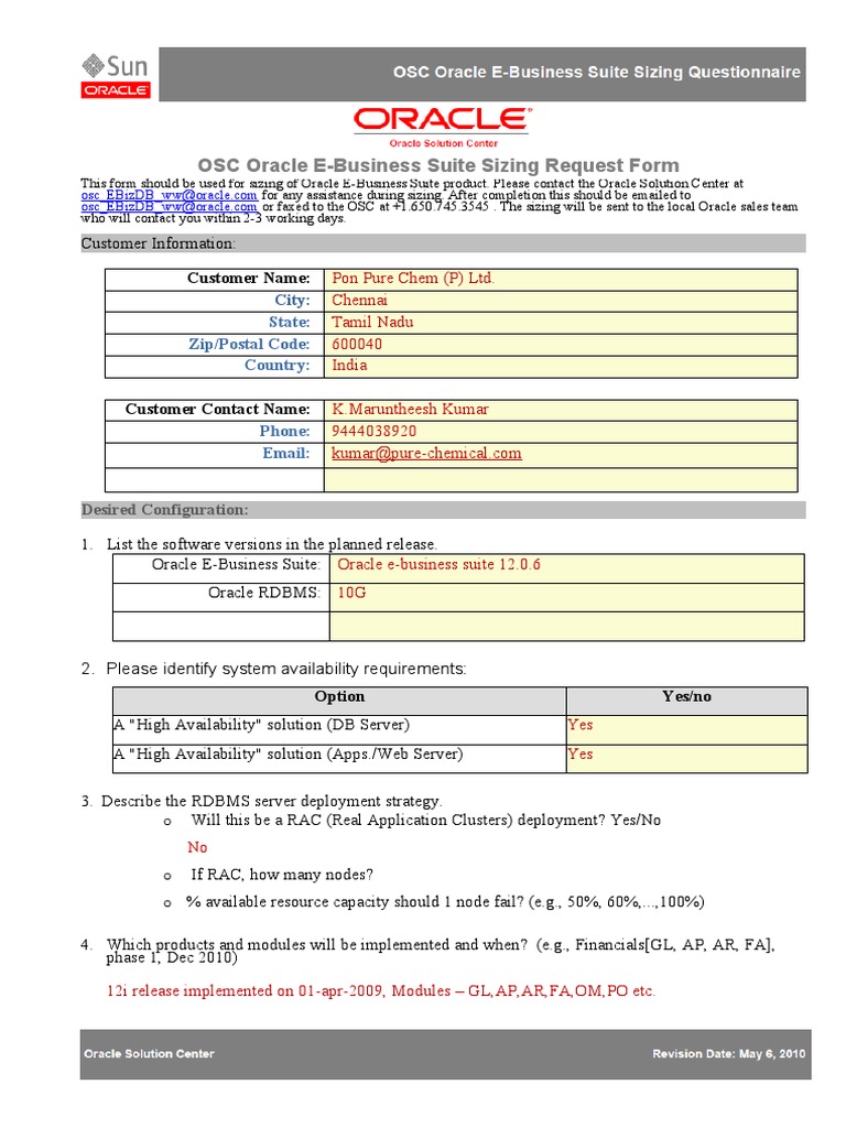 OSC Oracle E-Business Suite Sizing Request Form: Customer Name | PDF ...