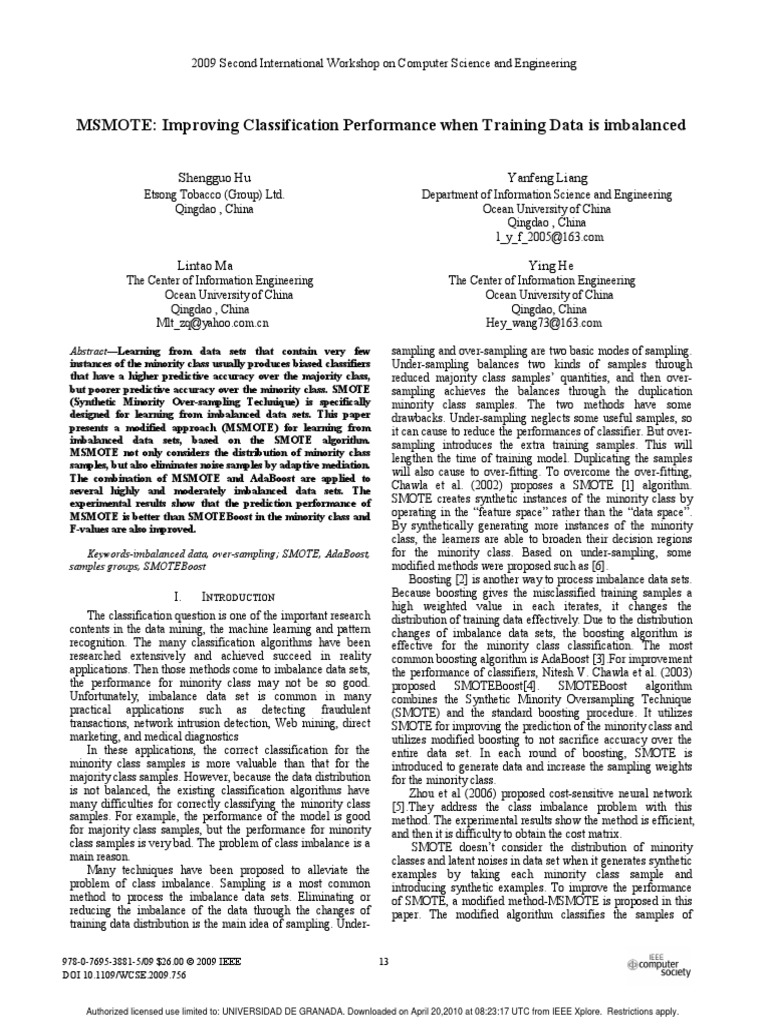 MSMOTE Improving Classification Performance When Training Data Is Imbalanced | PDF | Statistical ...