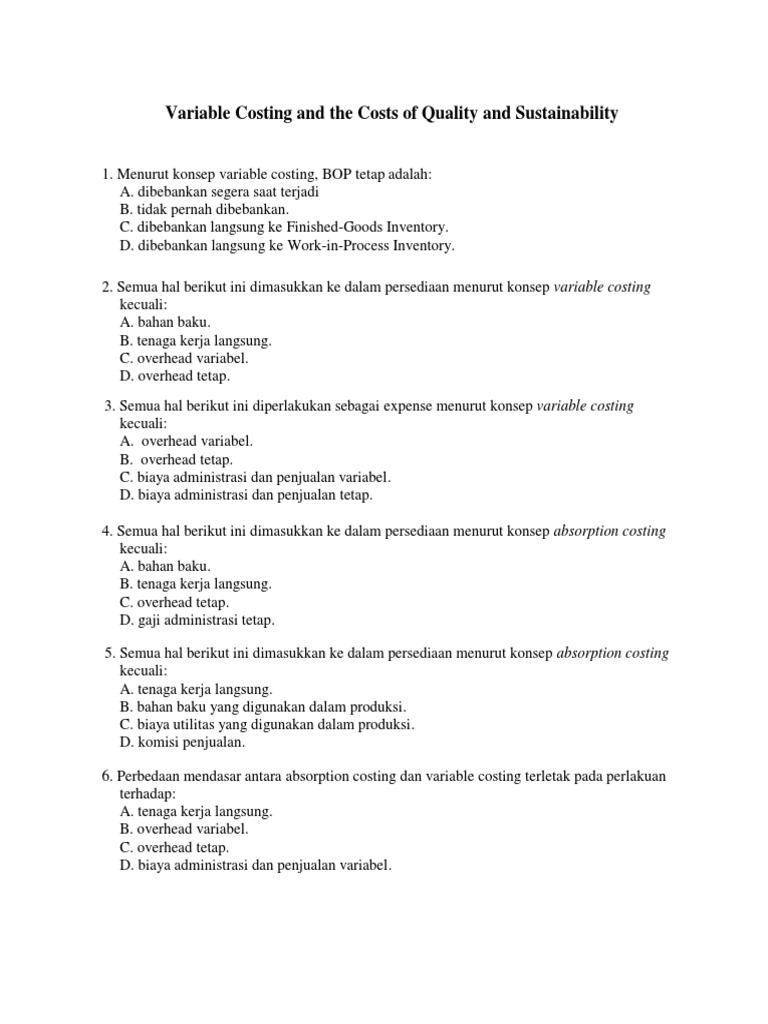 Multiple Choise Variable Costing | PDF