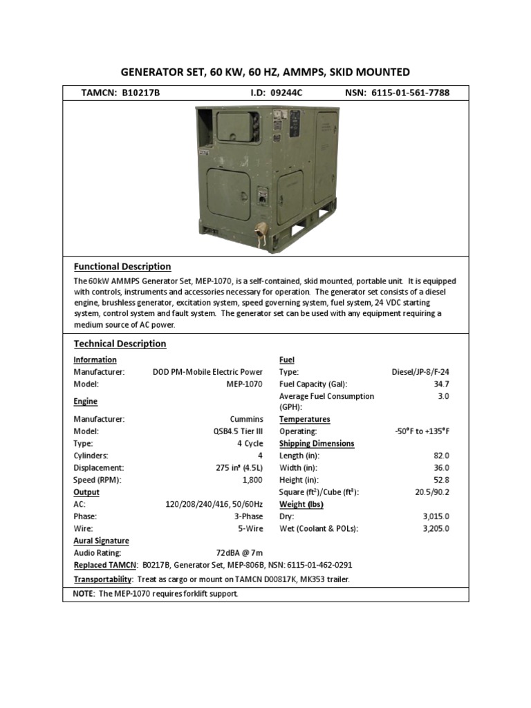 Generator Set, 60 KW, 60 HZ, Ammps, Skid Mounted: TAMCN: B10217B I.D ...