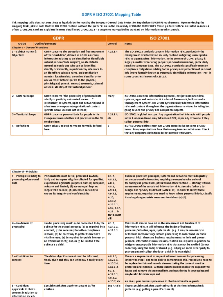 GDPR V ISO 27001 Mapping Table | PDF | Regulatory Compliance | Privacy