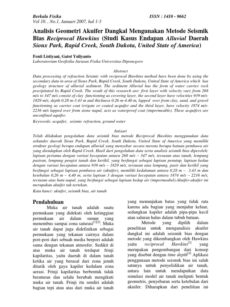 Analisis Geometri Akuifer Dangkal Menggunakan Metode Seismik Bias Reciprocal Hawkins (Studi ...