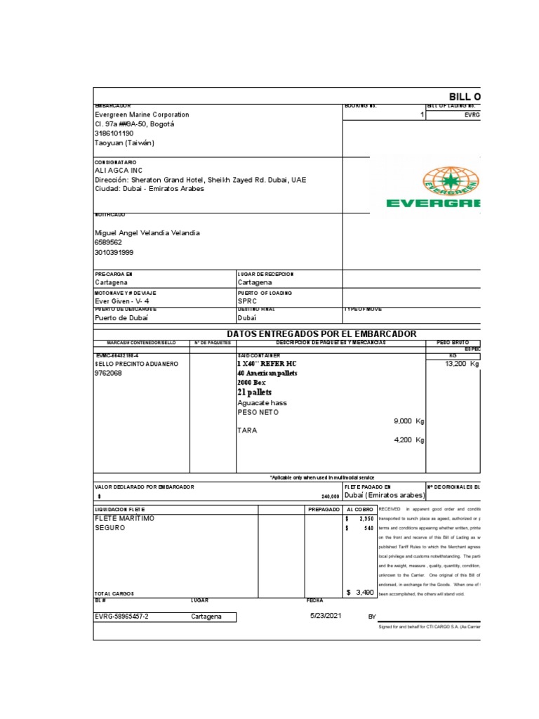 Evergreen Marine Corporation: Bill of Lading | PDF | Bill Of Lading ...