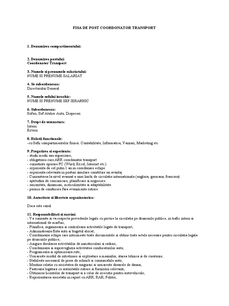 Fisa de Post Coordonator Transport | PDF
