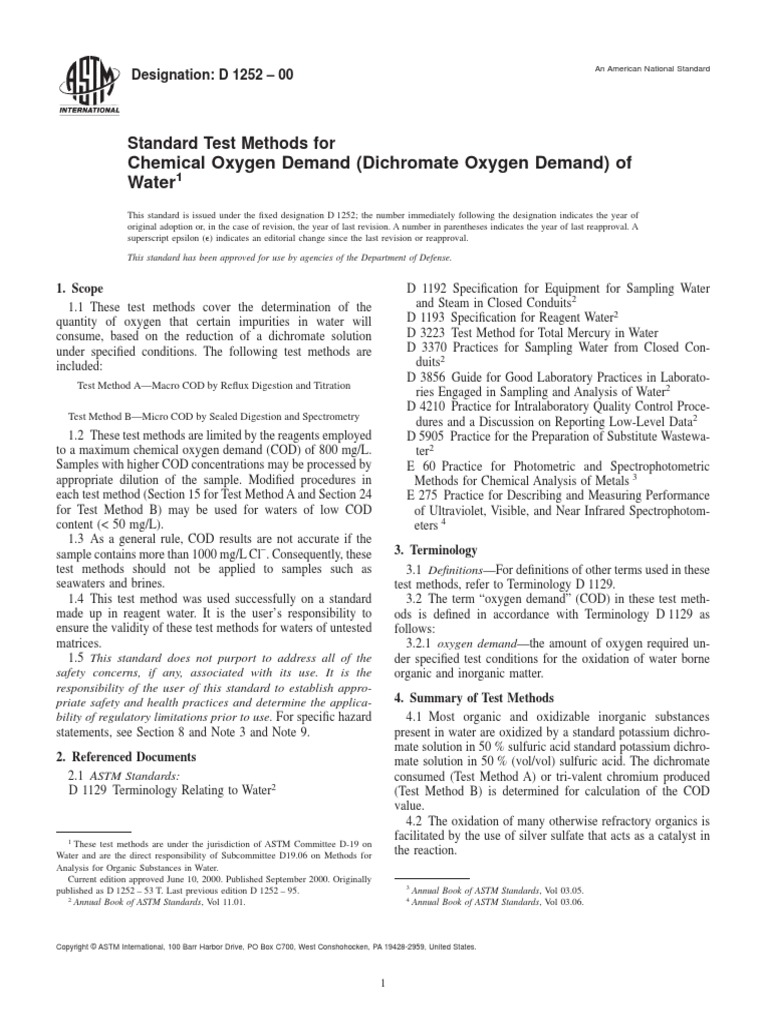Chemical Oxygen Demand (Dichromate Oxygen Demand) of Water: Standard ...