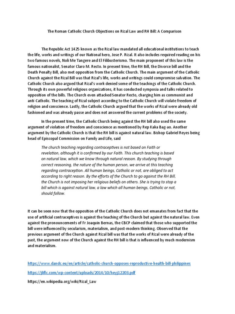 The Roman Catholic Church Objections On Rizal Law and RH Bill | PDF ...