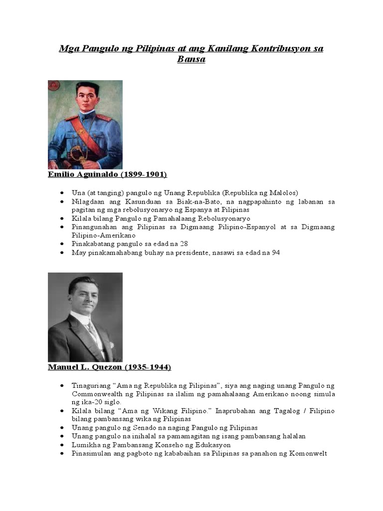 Mga Pangulo NG Pilipinas at Ang Kanilang Kontribusyon Sa Bansa | PDF