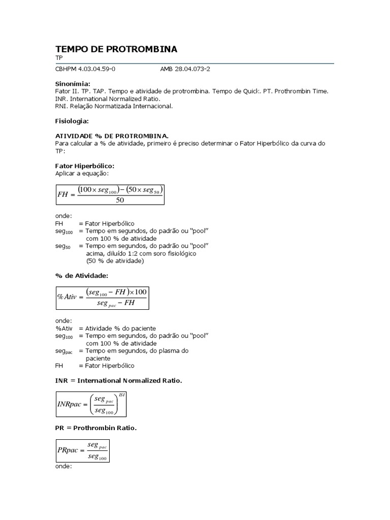 Determinação do Tempo de Protrombina: Fisiologia, Método, Interpretação ...