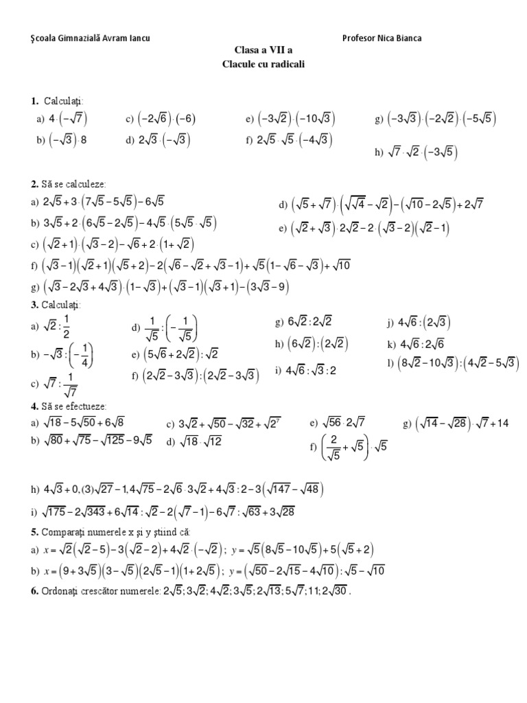 Operatii Cu Radicali Cls Vii Fisa de Lucru | PDF
