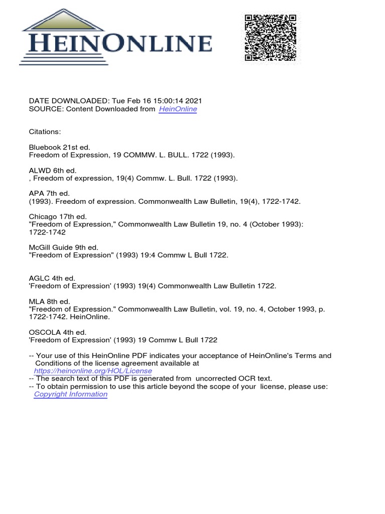 Lord Lester. Freedom of Expression. 19 COMMW. L. BULL. 1722 (1993 ...