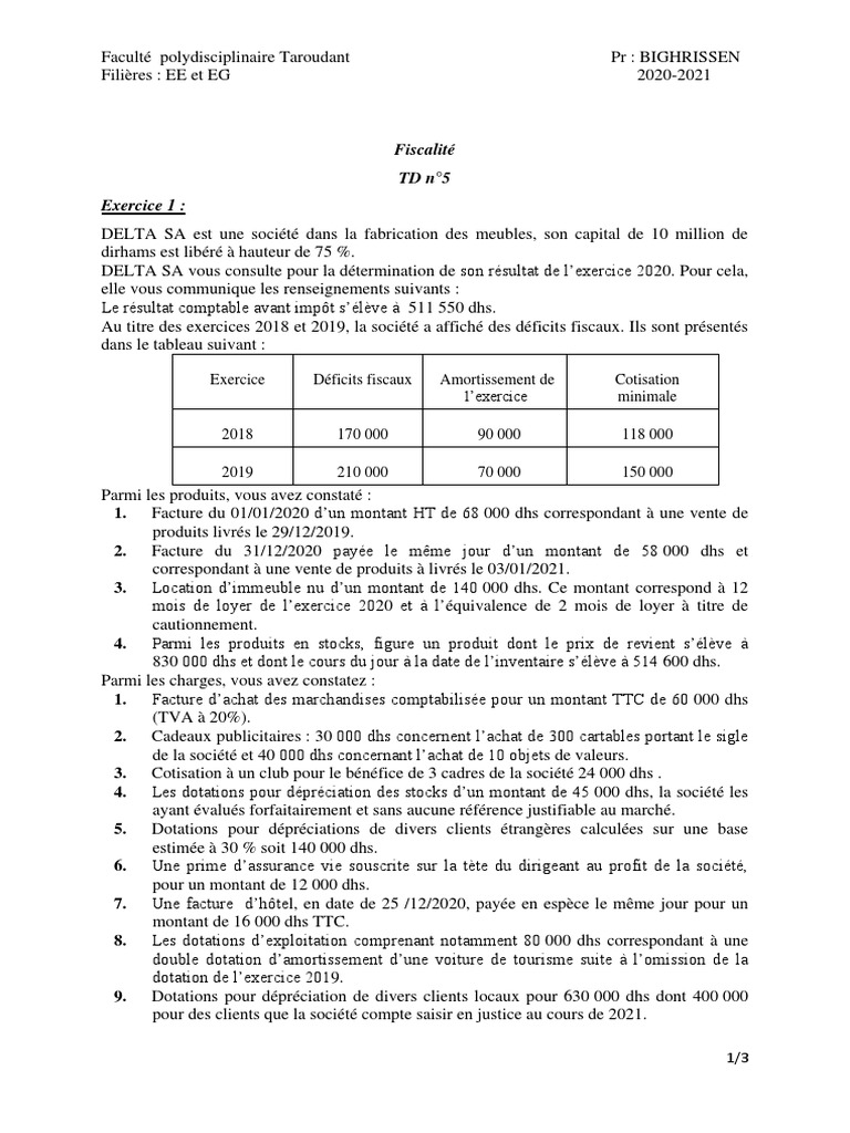 TD N°5 Fiscalité. 2020 | PDF | Dépréciation | Facture