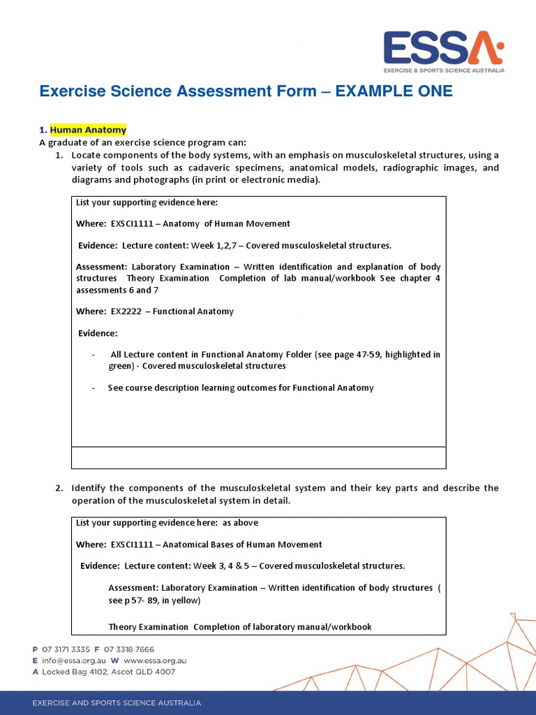Exercise Science Assessment Form - Example One: 1. Human Anatomy | PDF ...