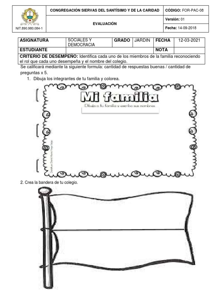 Evaluación 1. Mi Familia y Mi Colegio. Jardin | PDF
