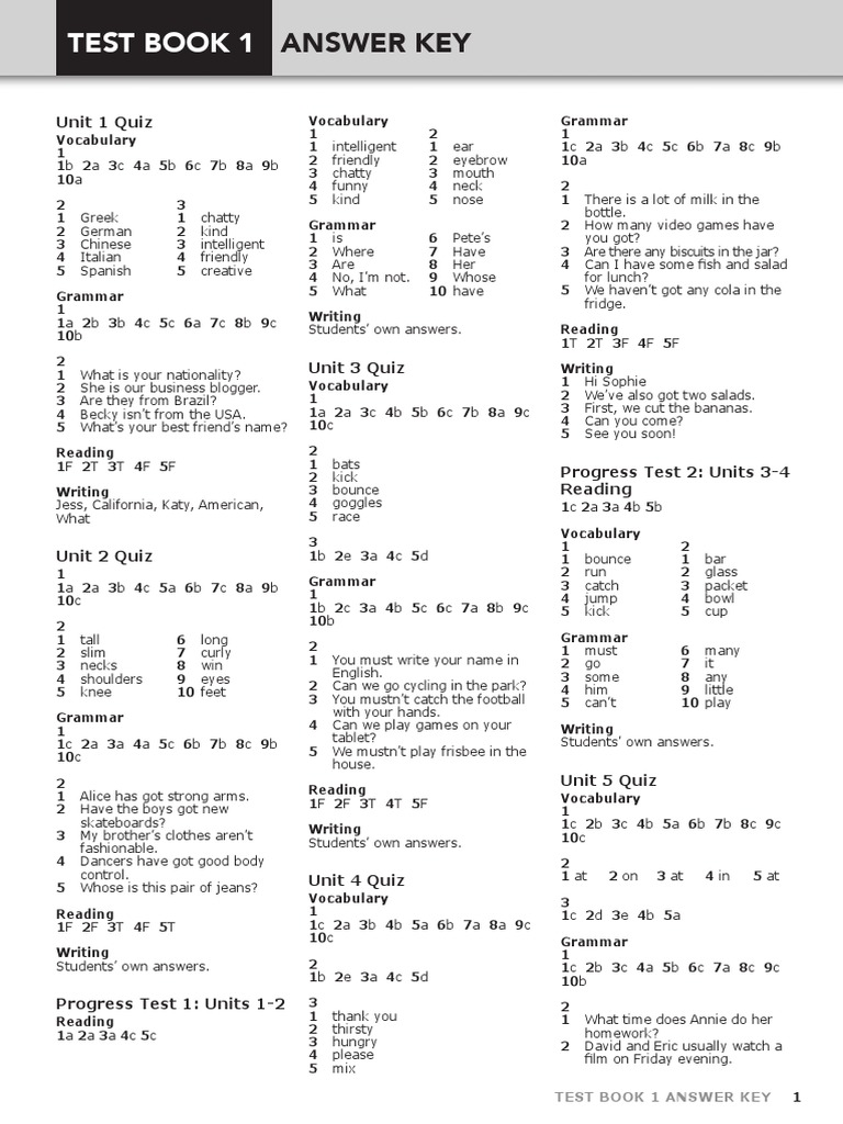 Test Book 1: Answer Key | PDF | Foods