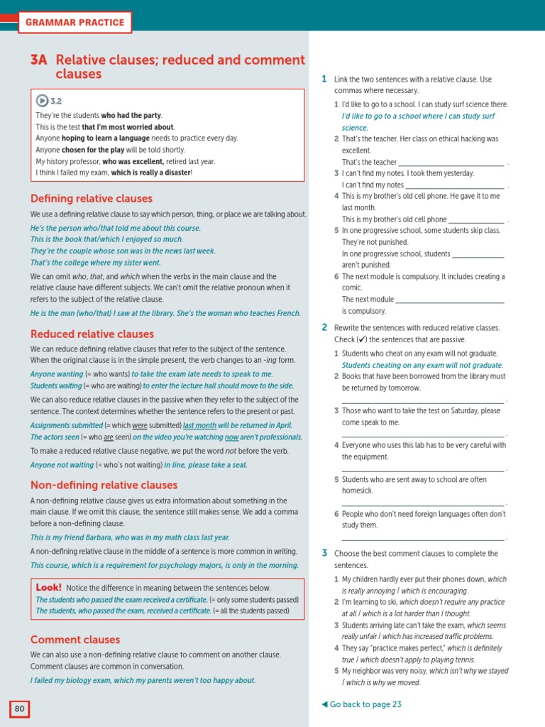 Clauses: 3A Relative Clauses Reduced and Comment | PDF | Sentence ...