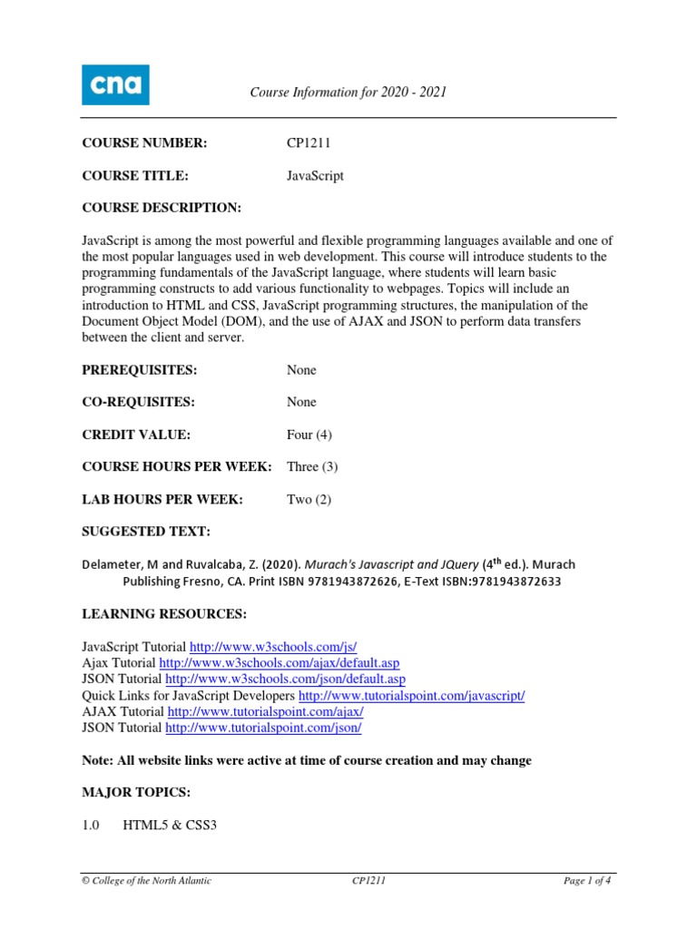 Course Information For 2020 - 2021: © College of The North Atlantic CP1211 Page 1 of 4 | PDF