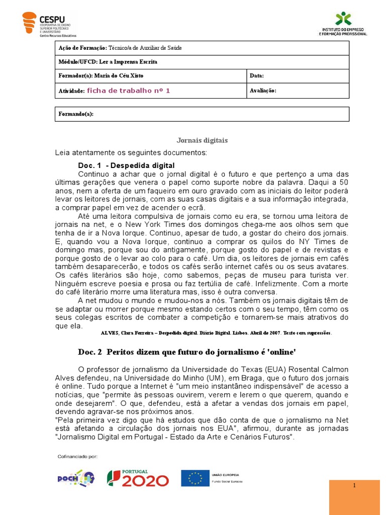 FICHA Trabalho Nº1 | Download Free PDF | Jornalismo | Jornais