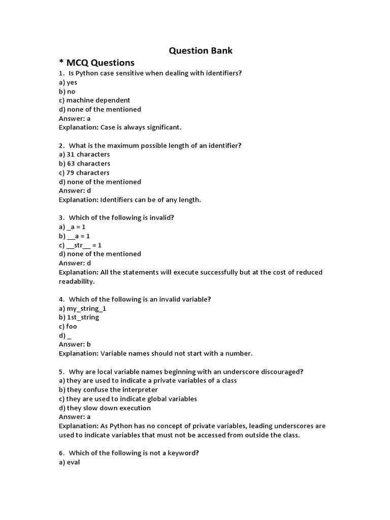 Question Bank MCQ Questions | Download Free PDF | Python (Programming Language) | Constructor ...