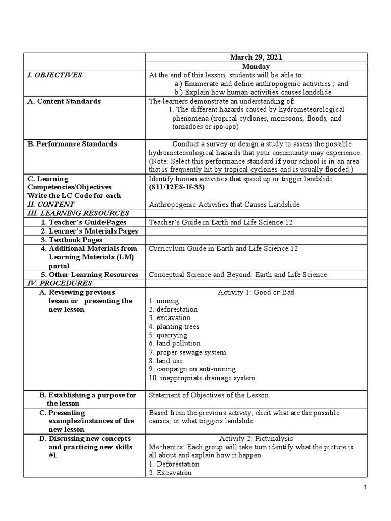 Lesson Plan in Earth and Life Science | PDF | Landslide | Flood