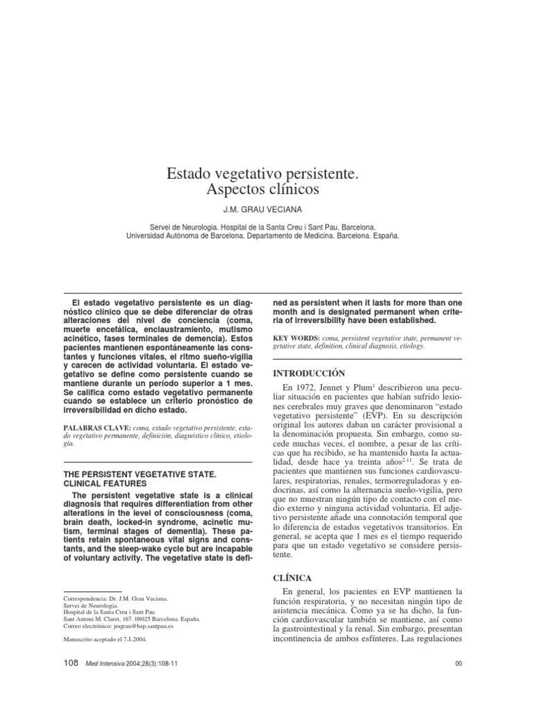 Estado Vegetativo Persistente. Aspectos Clínicos | PDF | Sistema nervioso central | Coma