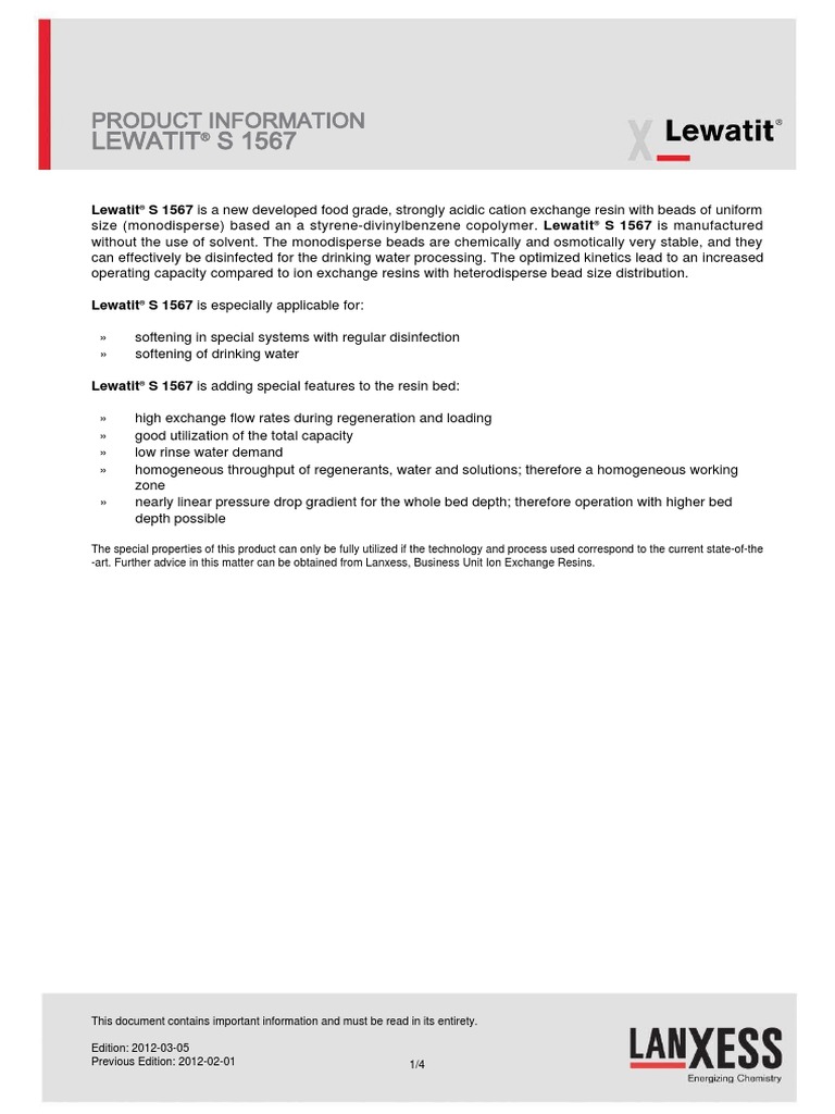 Lewatit S 1567 Is A New Developed Food Grade, Strongly Acidic Cation ...