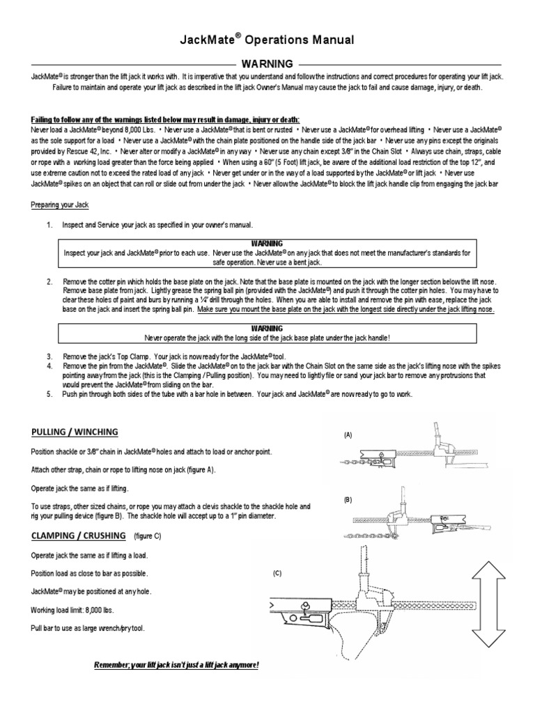 Jackmate Operations Manual: Warning | PDF | Rust | Equipment