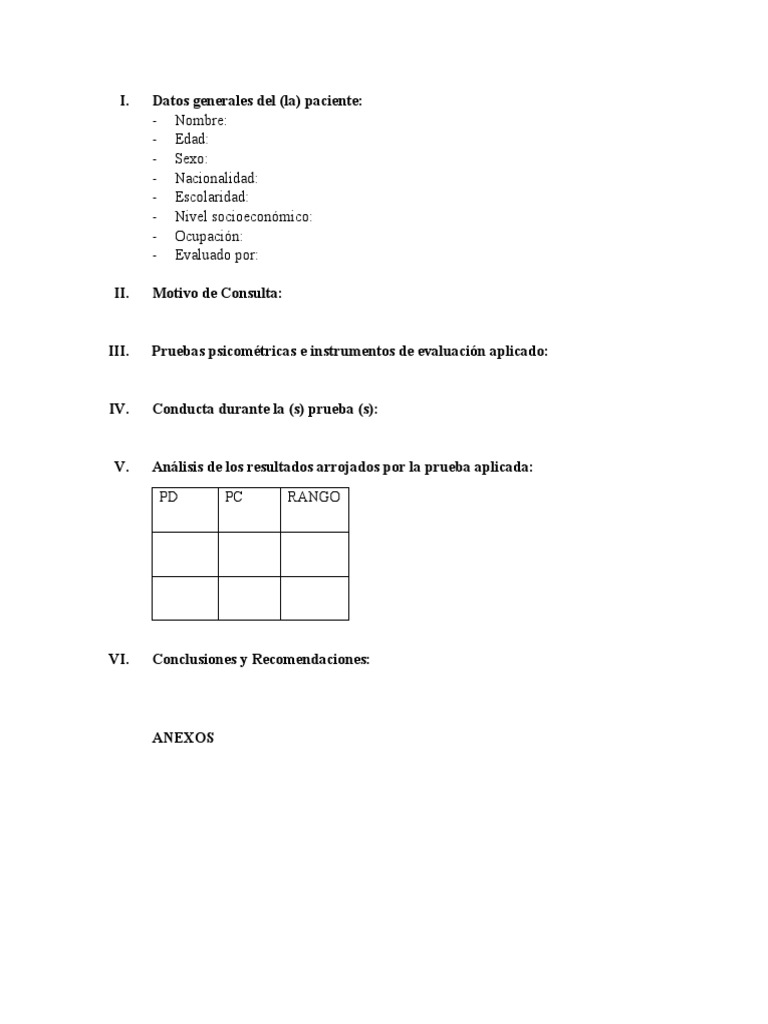 Modelo Informe Test d70 | PDF