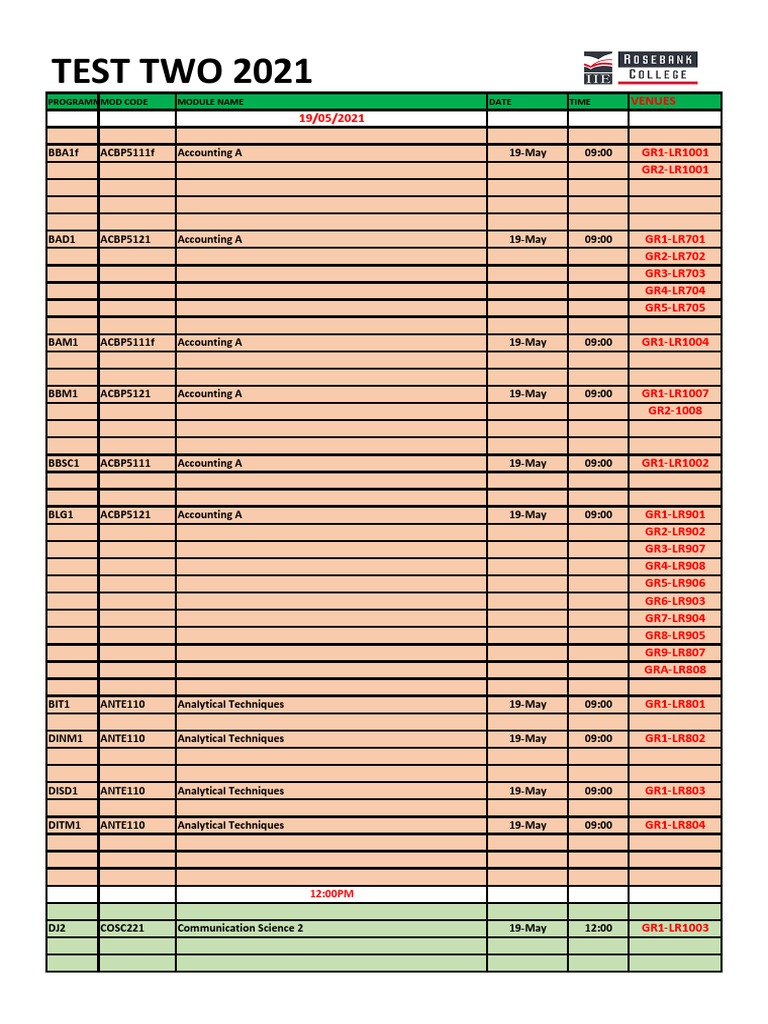 TEST 2 Timetable With VENUES 2021 | PDF | Statistics | Computing