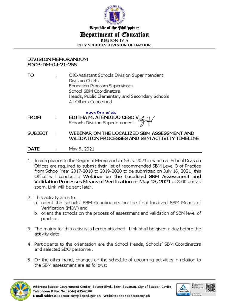 Department of Education: Division Memorandum SDOB-DM-04-21-255 TO ...