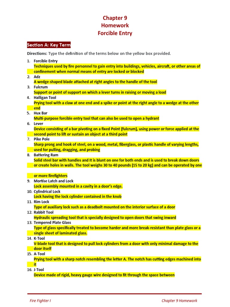 Homework Forcible Entry: Section A: Key Term | PDF | Door | Lever