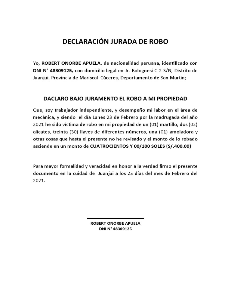 Declaracion Jurada de Robo | PDF