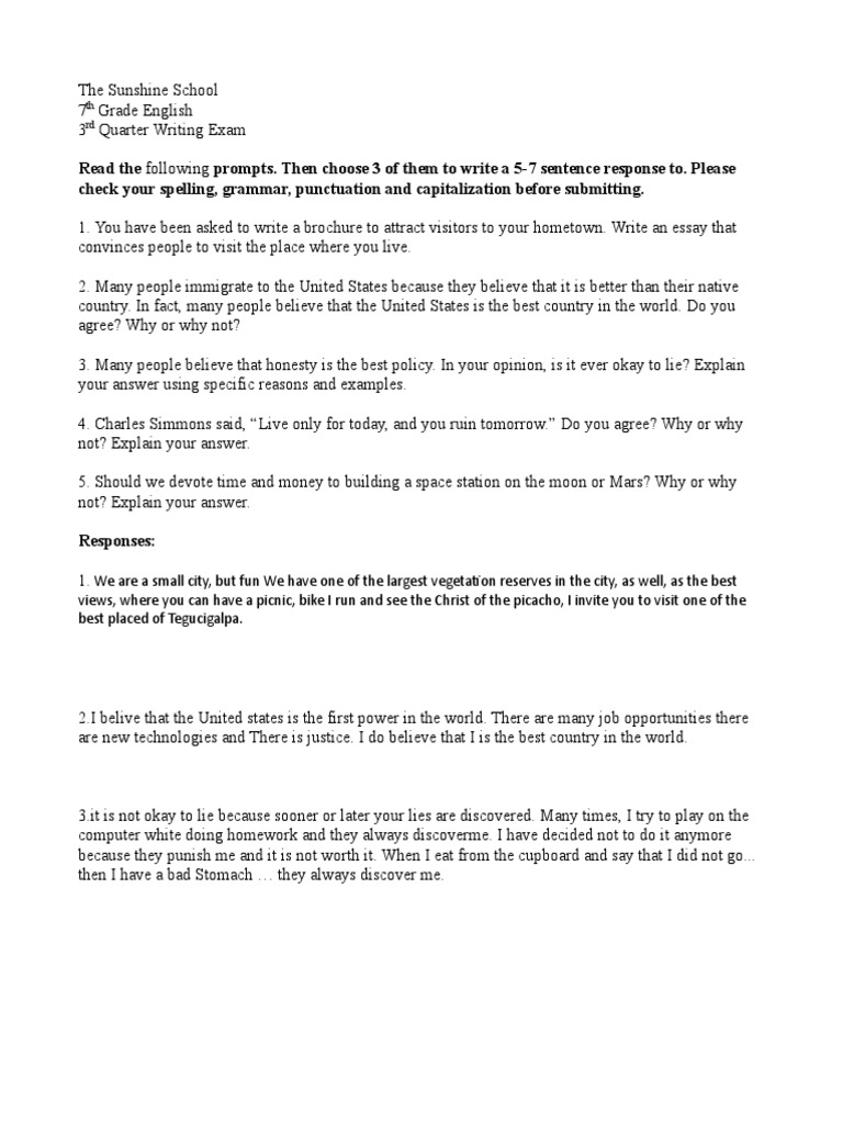 7th Grade English Writing Exam | PDF