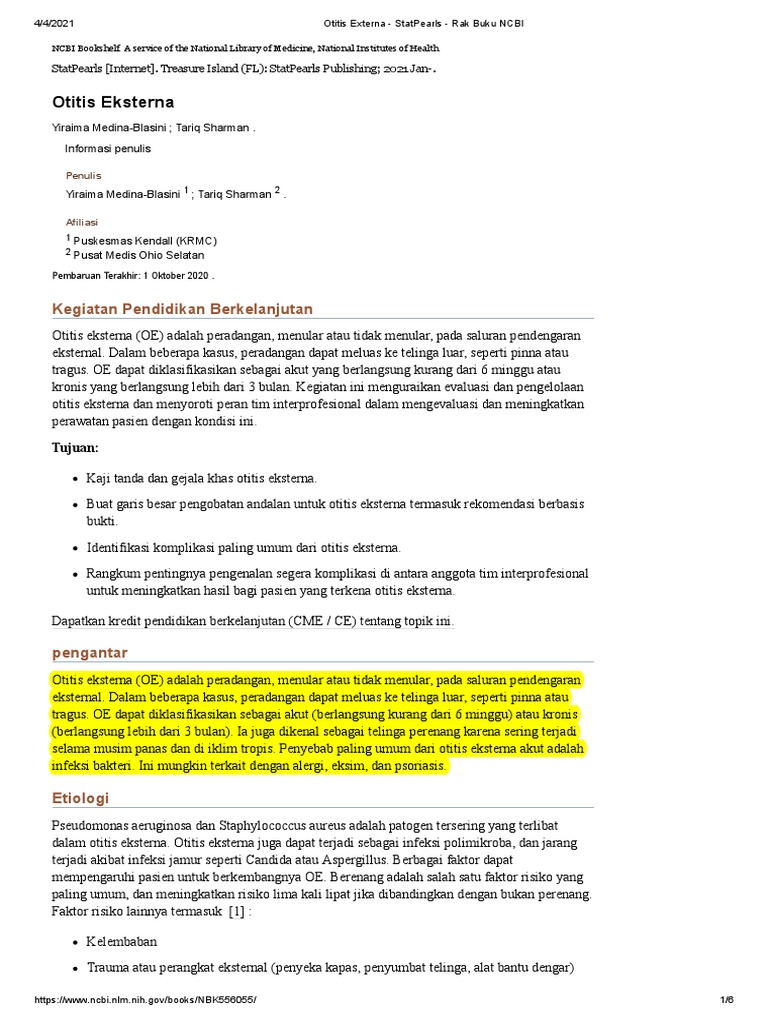 Otitis Externa - StatPearls - Rak Buku NCBI | PDF