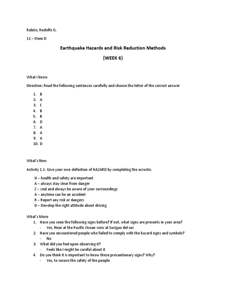 Earthquake Hazards and Risk Reduction Methods Week 6 | PDF | Wellness