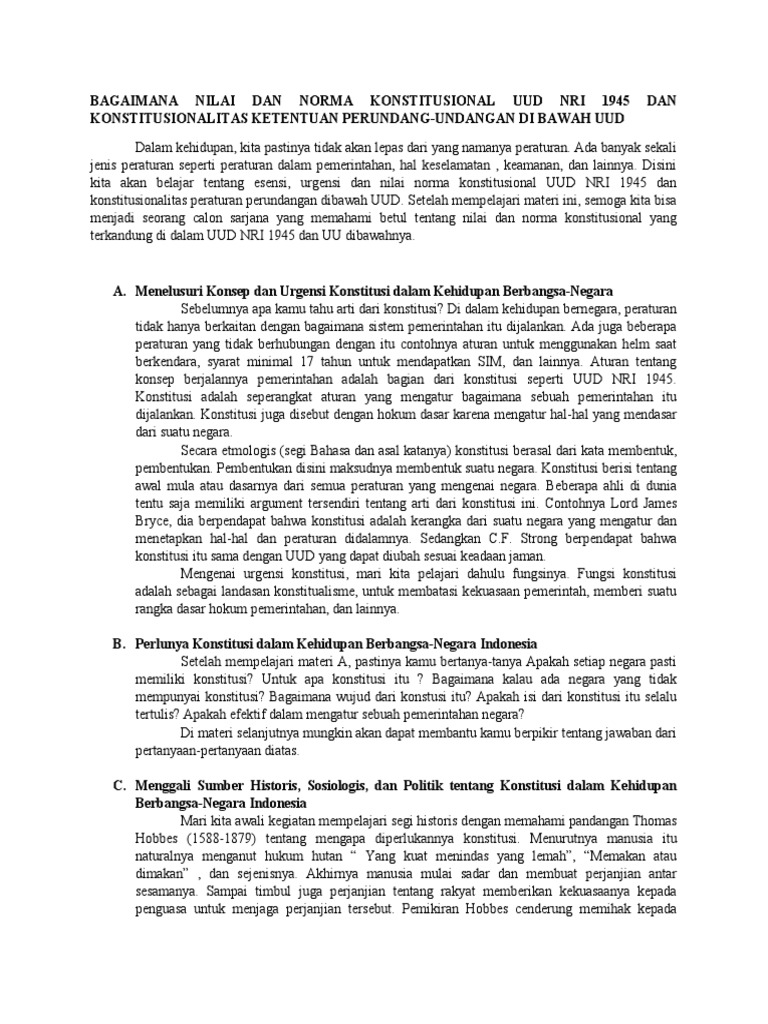 Bagaimana Nilai Dan Norma Konstitusional Uud Nri 1945 Dan Konstitusionalitas Ketentuan Perundang ...