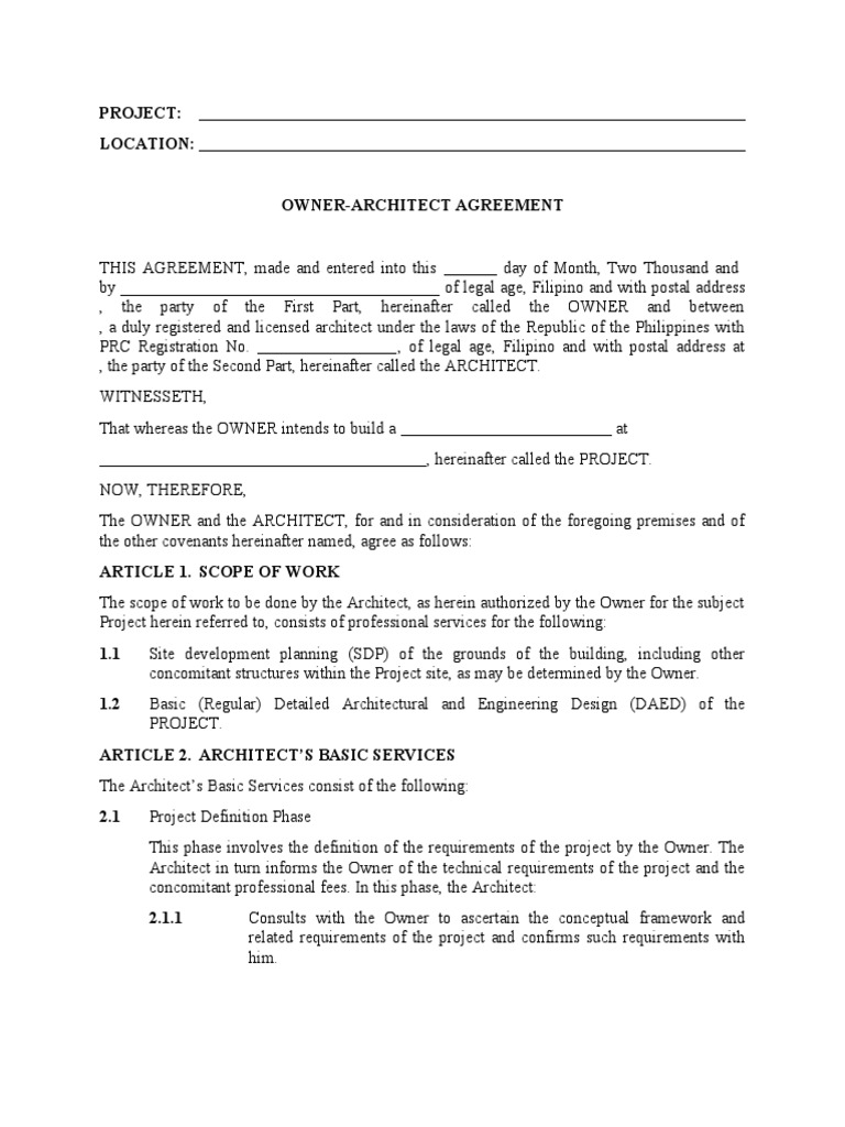 Owner-Architect Contract Agreement (Design and Build) | PDF | Architect ...