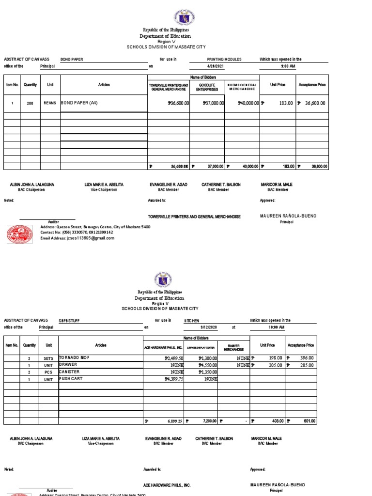 Abstract of Canvass for School Supplies | PDF | Currency | Business