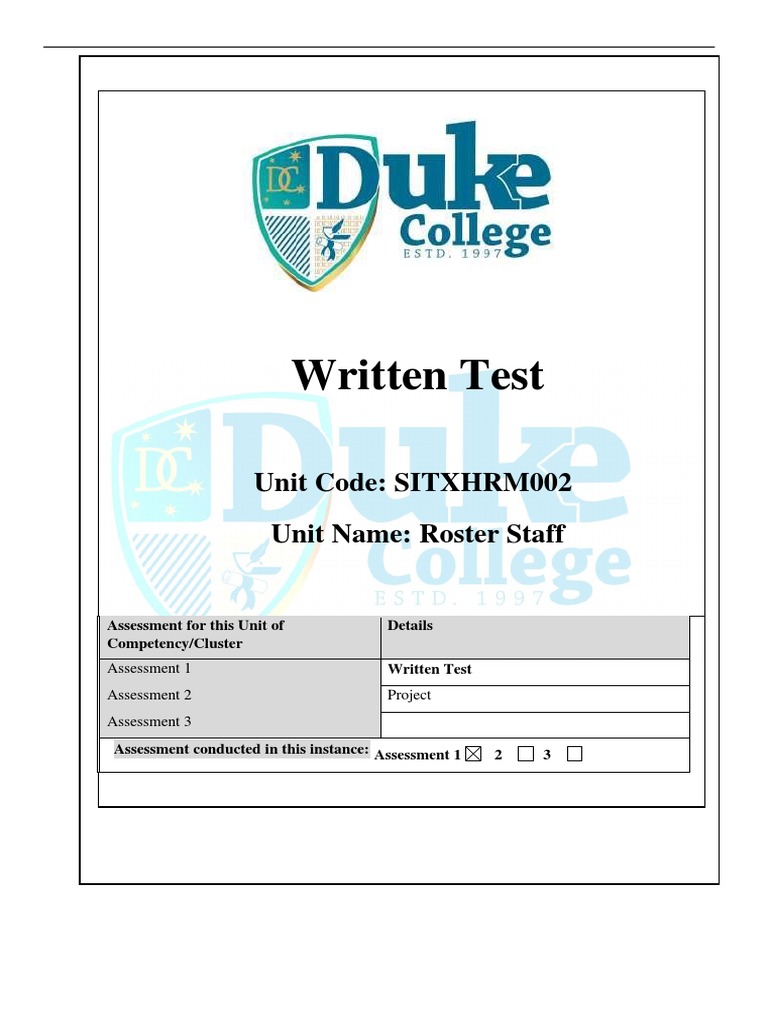 Written Test: Unit Code: SITXHRM002 Unit Name: Roster Staff | PDF ...