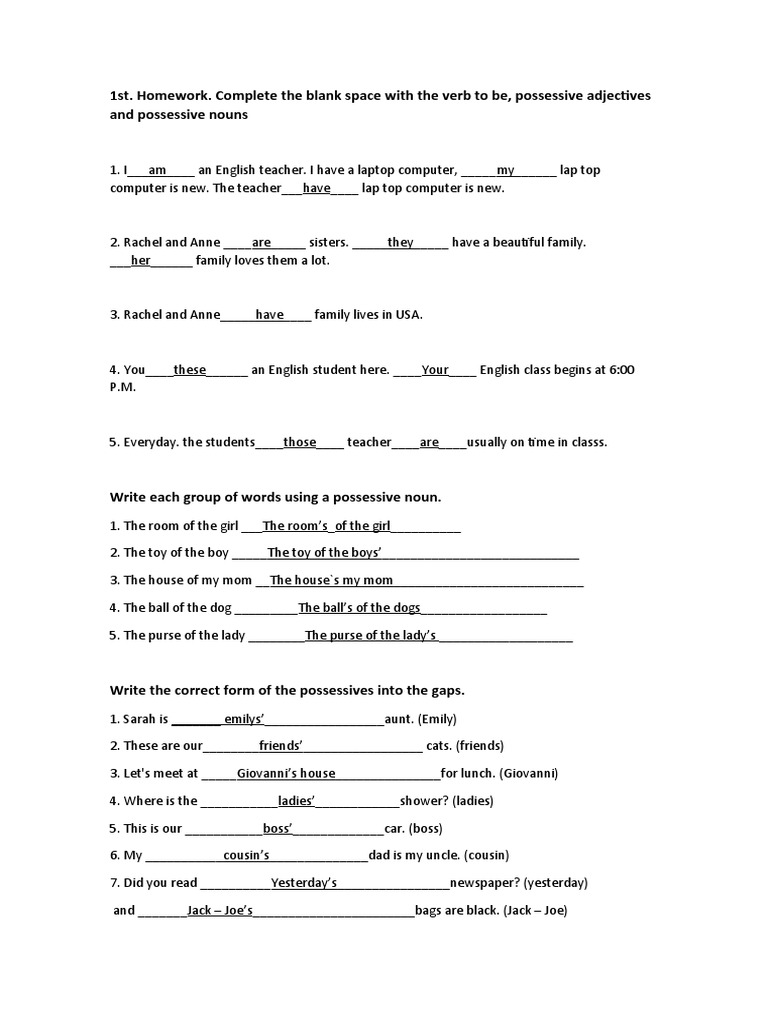 1st. Homework. Complete The Blank Space With The Verb To Be, Possessive ...