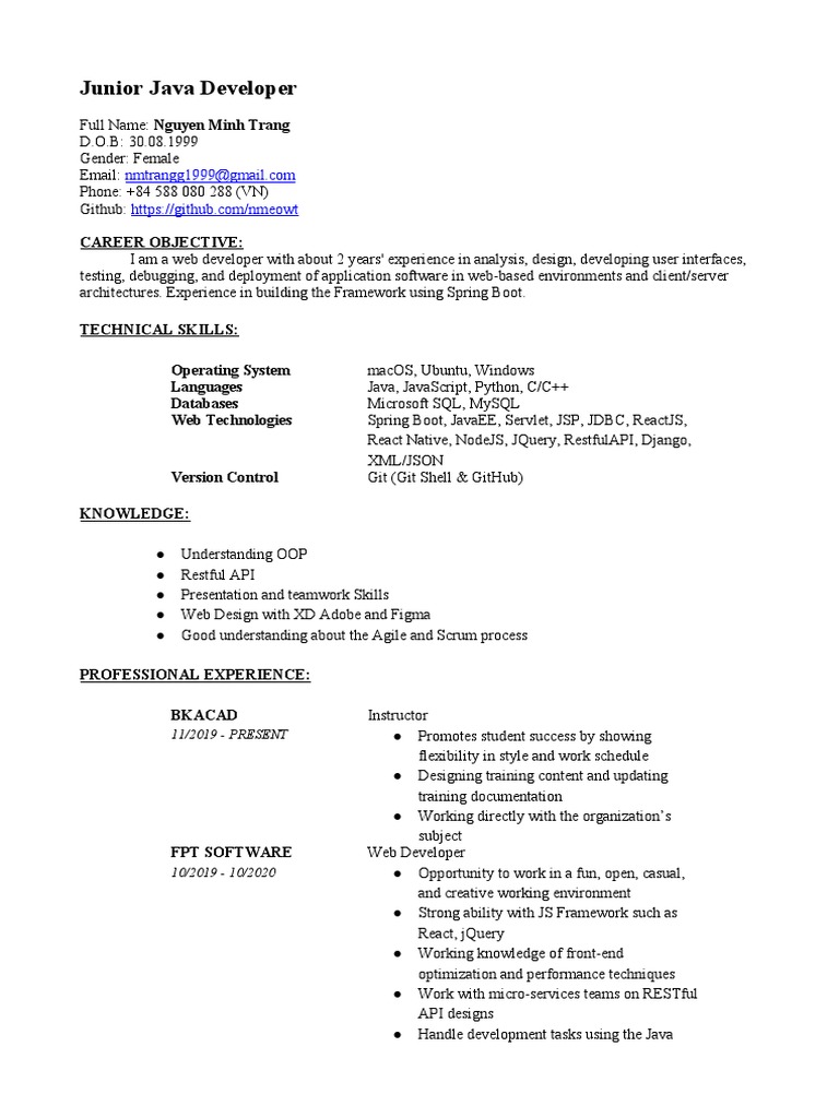 Junior Java Developer: Career Objective | PDF | Web Development | Software Engineering