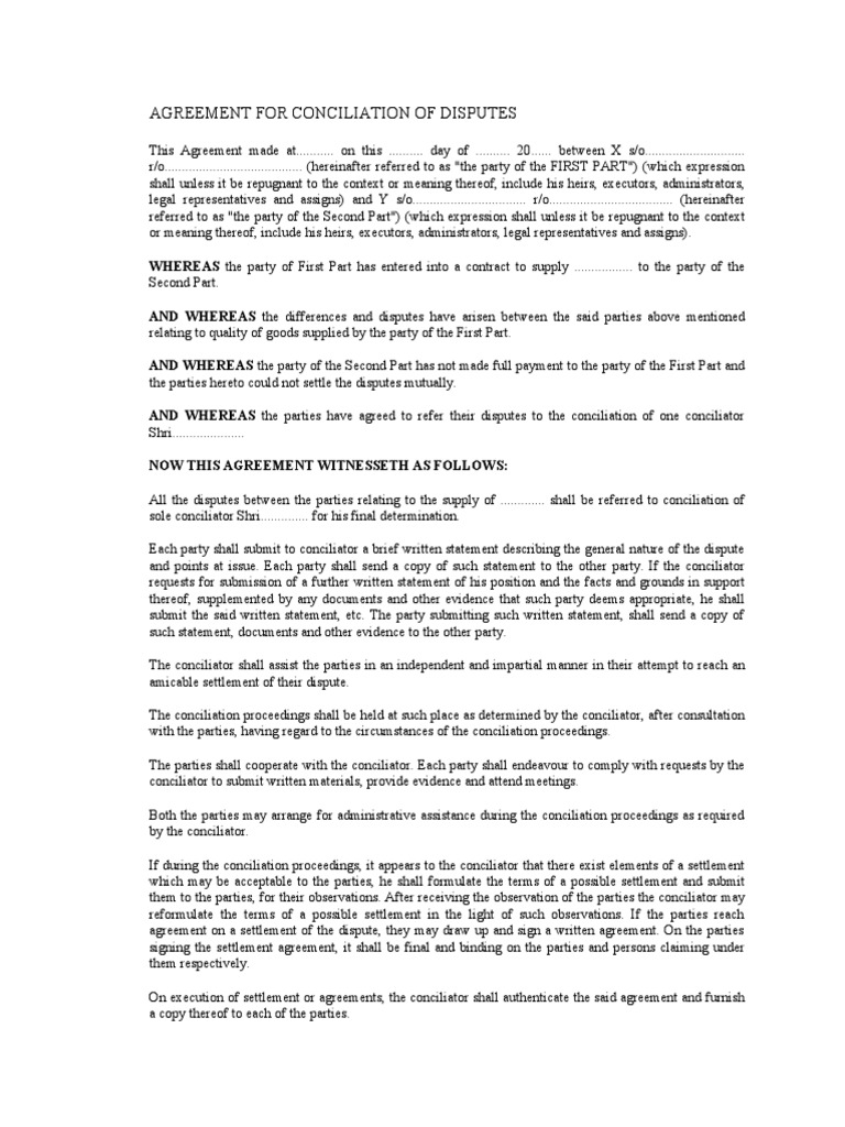 Agreement For Conciliation of Disputes | PDF | Arbitration | Civil Law ...