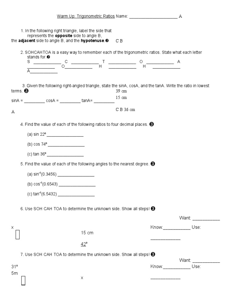 Trigonometric Ratios Practice Worksheet | PDF | Trigonometric Functions ...