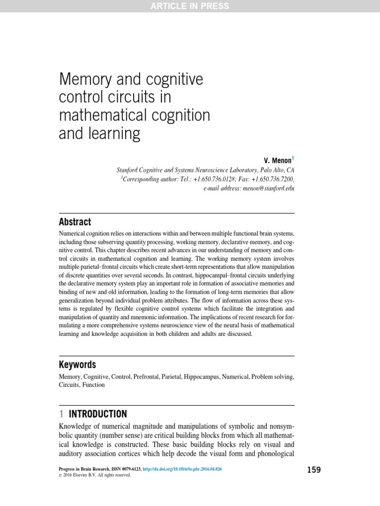 Memory and Cognitive Control Circuits in Mathematical Cognition and Learning | PDF | Working ...