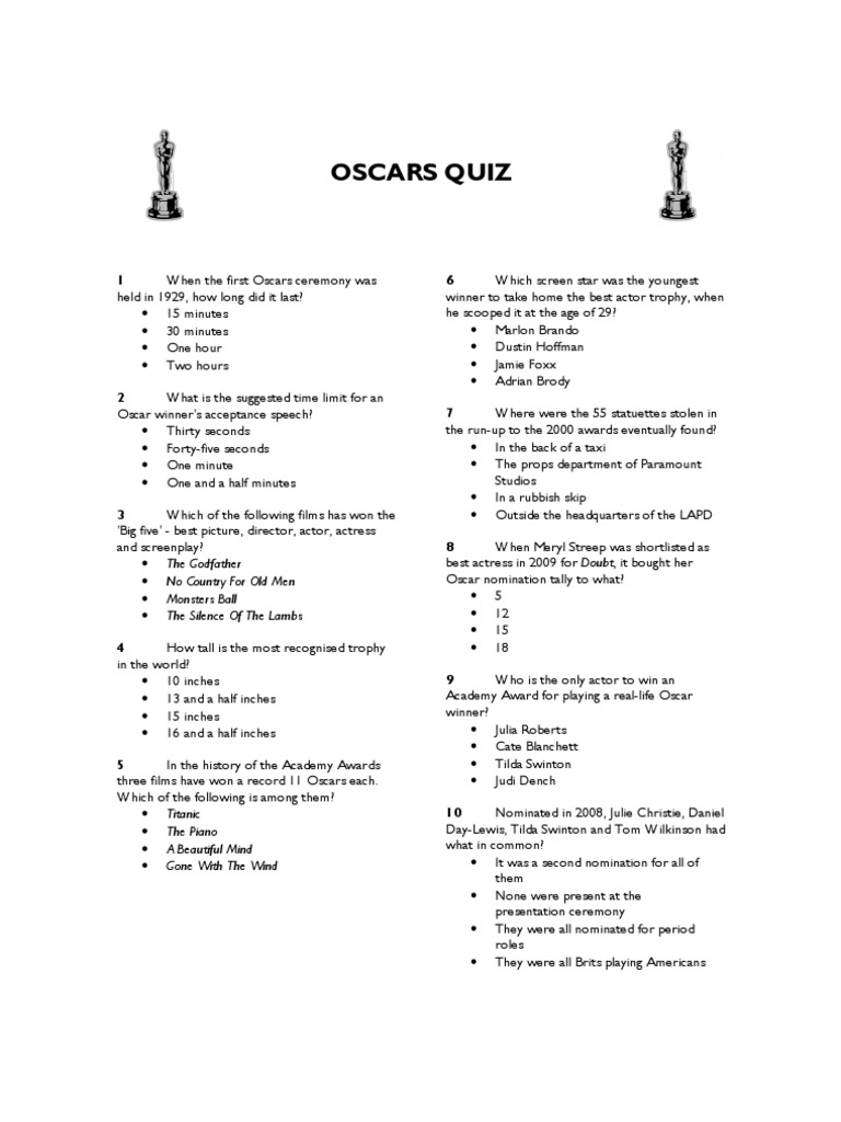 Oscars Quiz | PDF | Academy Awards | Academy Of Motion Picture Arts And ...