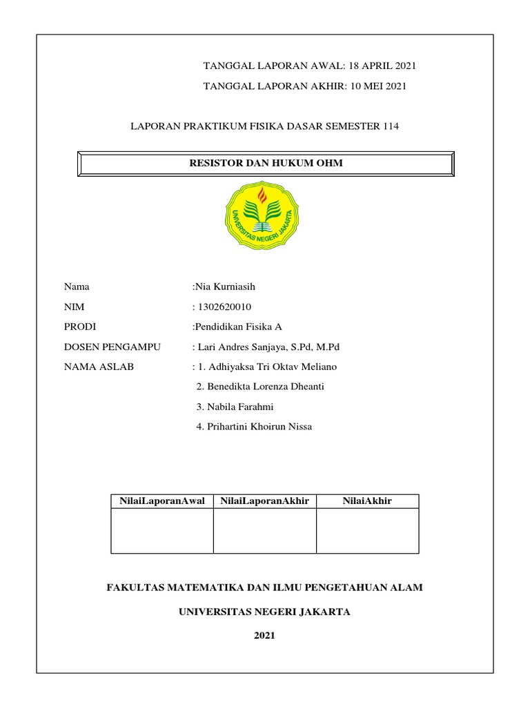 Nia Kurniasih - Resistor Dan Hukum Ohm Laprak Akhir | PDF