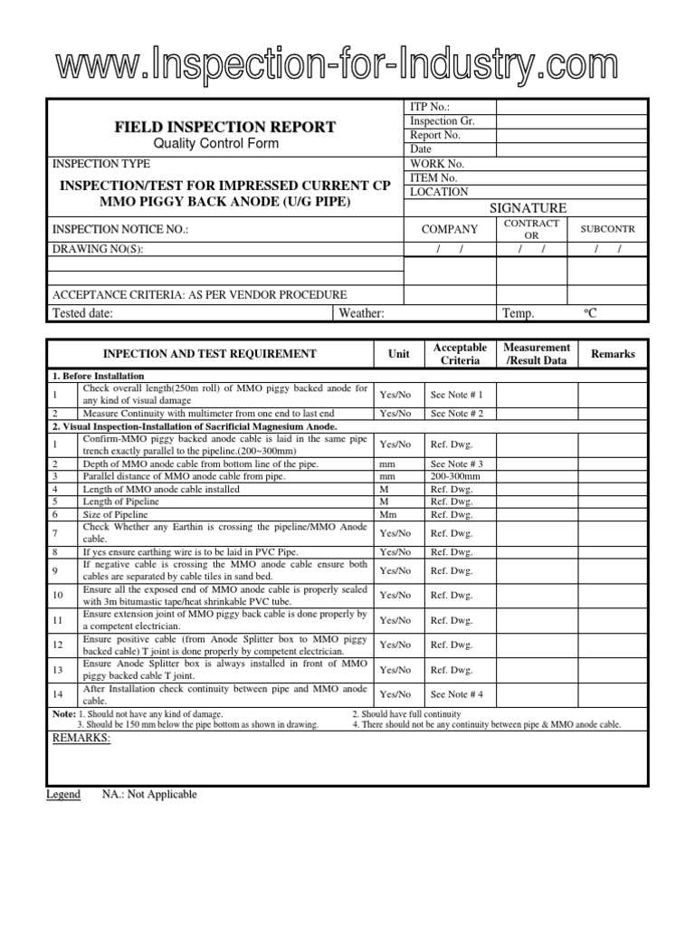 Impressed Current CP Quality Control and Inspection Report Form | PDF ...