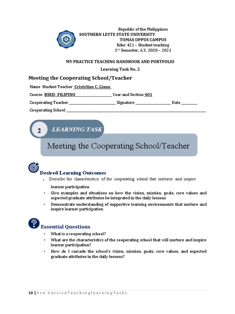 Meeting The Cooperating School/Teacher: Learning Task | PDF | Schools ...